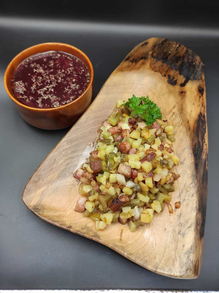 Easy Polish Side Dish Recipe- Fried Potatoes + Bacon+ Onion + Dill Pickle