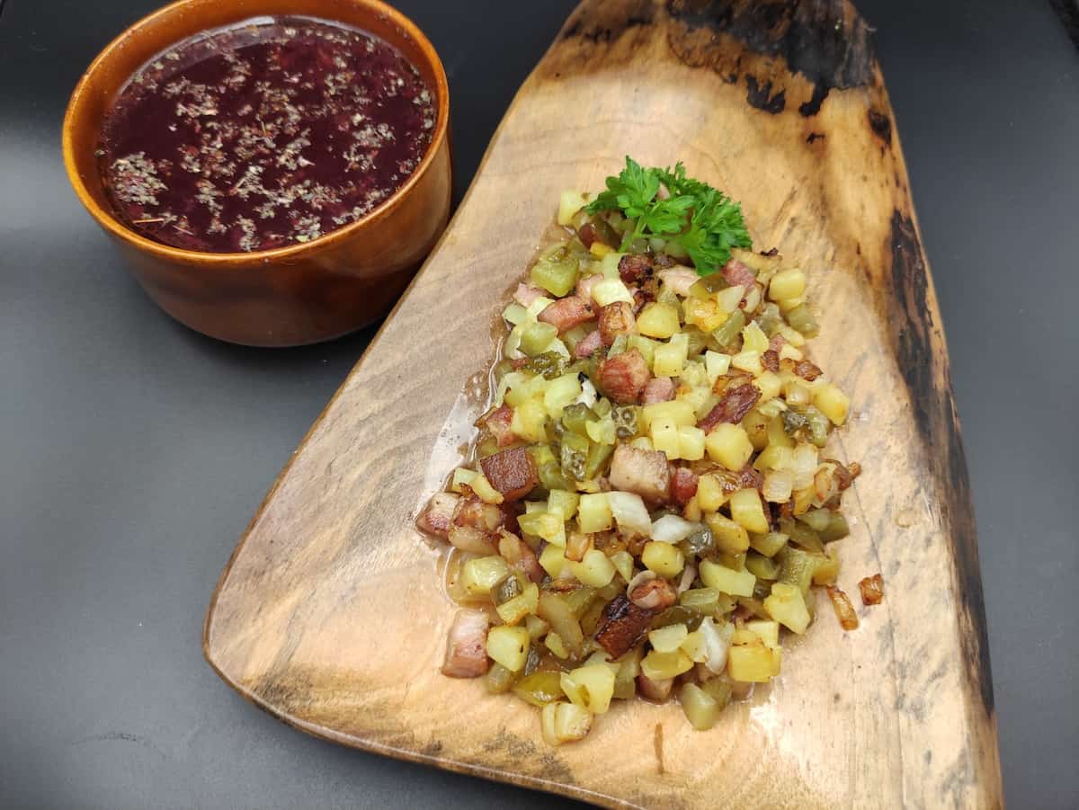 Easy Polish Side Dish Recipe- Fried Potatoes + Bacon+ Onion + Dill Pickle